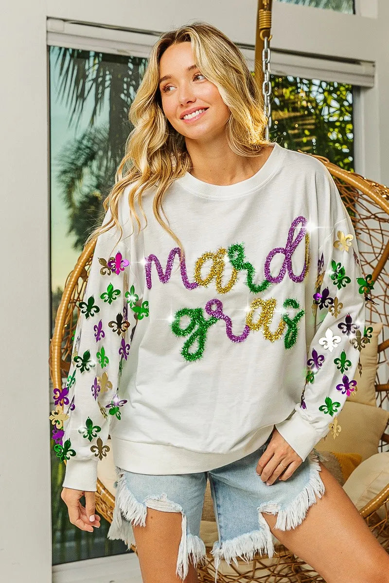 BiBi Fleur De Lis Sleeve Mardi Gras Pullover – Hazel Mae Boutique
